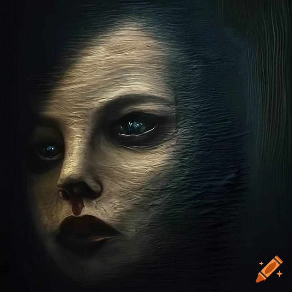 Oil painting of a haunted pale female creature in the shadows on Craiyon