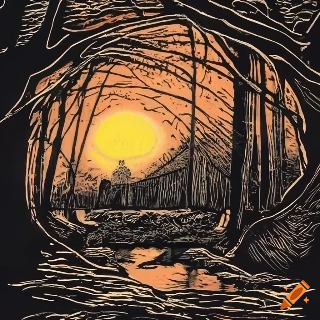 Linocut illustration of a surreal landscape at sunrise on Craiyon