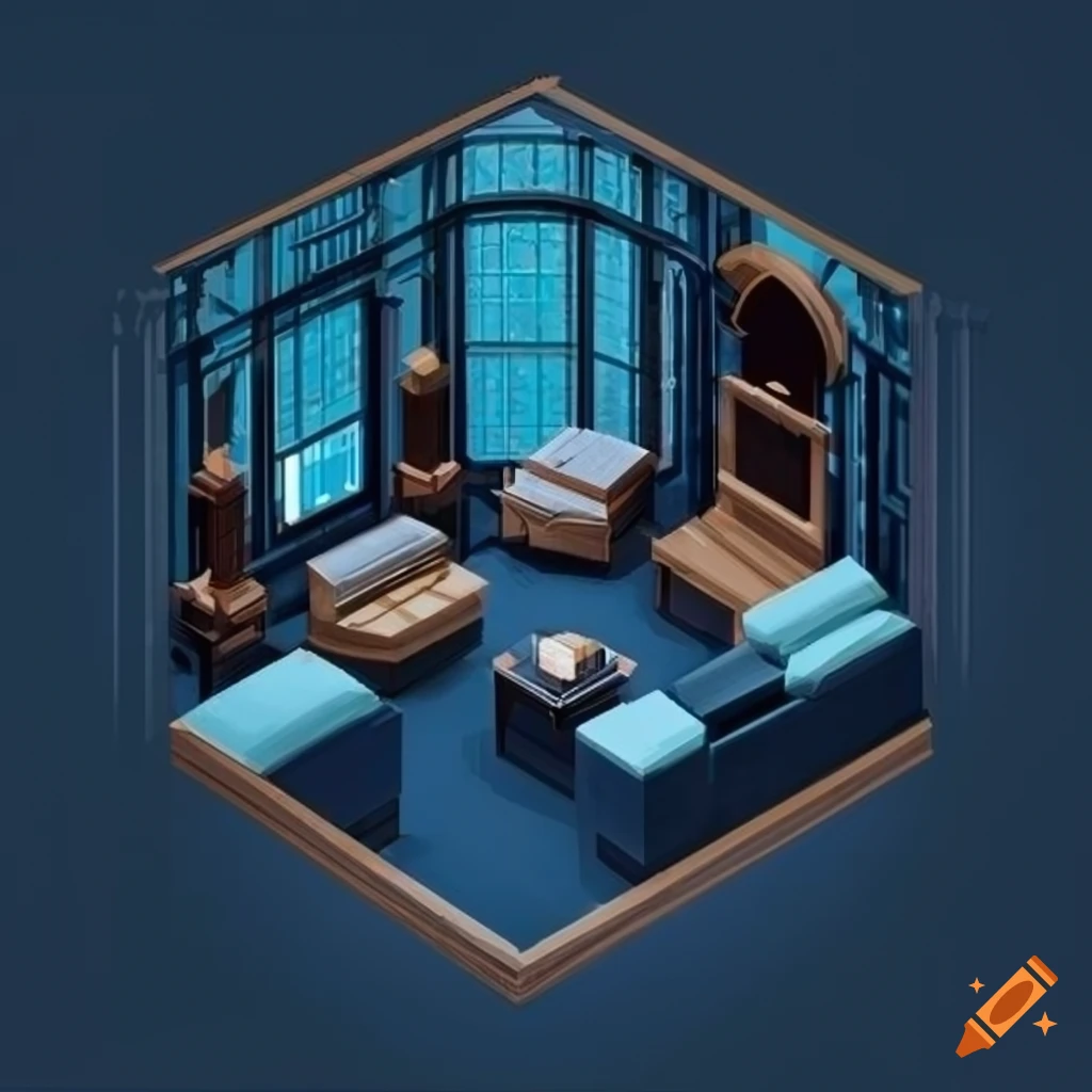 Isometric view of a dark blue gothic living room on Craiyon