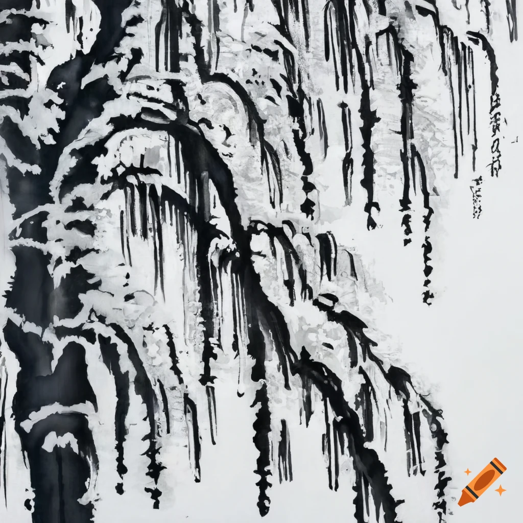 Chinese ink wash painting of a frost-covered weeping pine tree on Craiyon