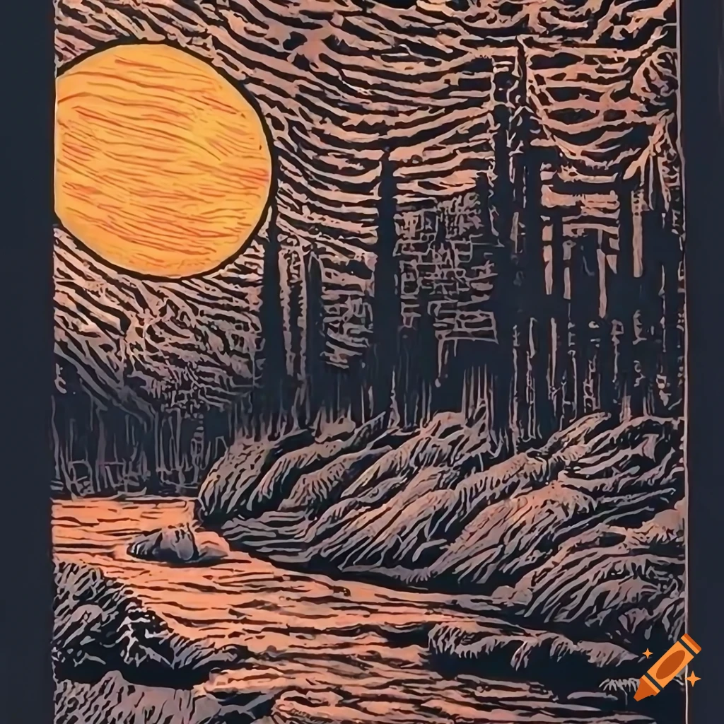 Detailed linocut illustration of surreal landscape at sunrise on Craiyon