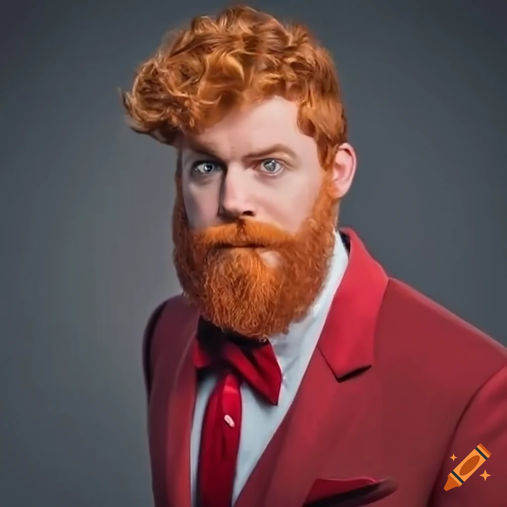 Portrait of a man with red hair and red tuxedo on Craiyon