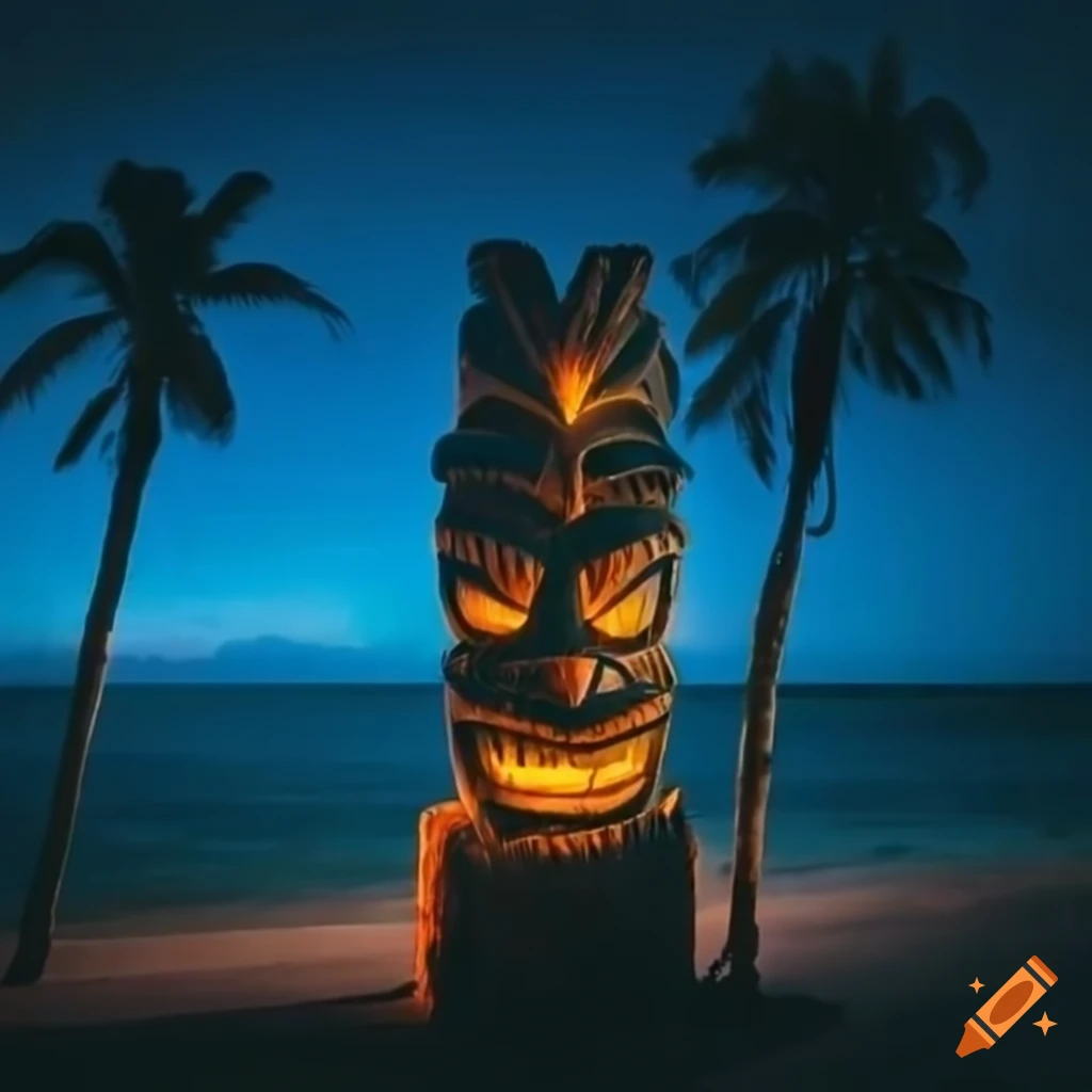 Glowing tiki head on a beach at night on Craiyon