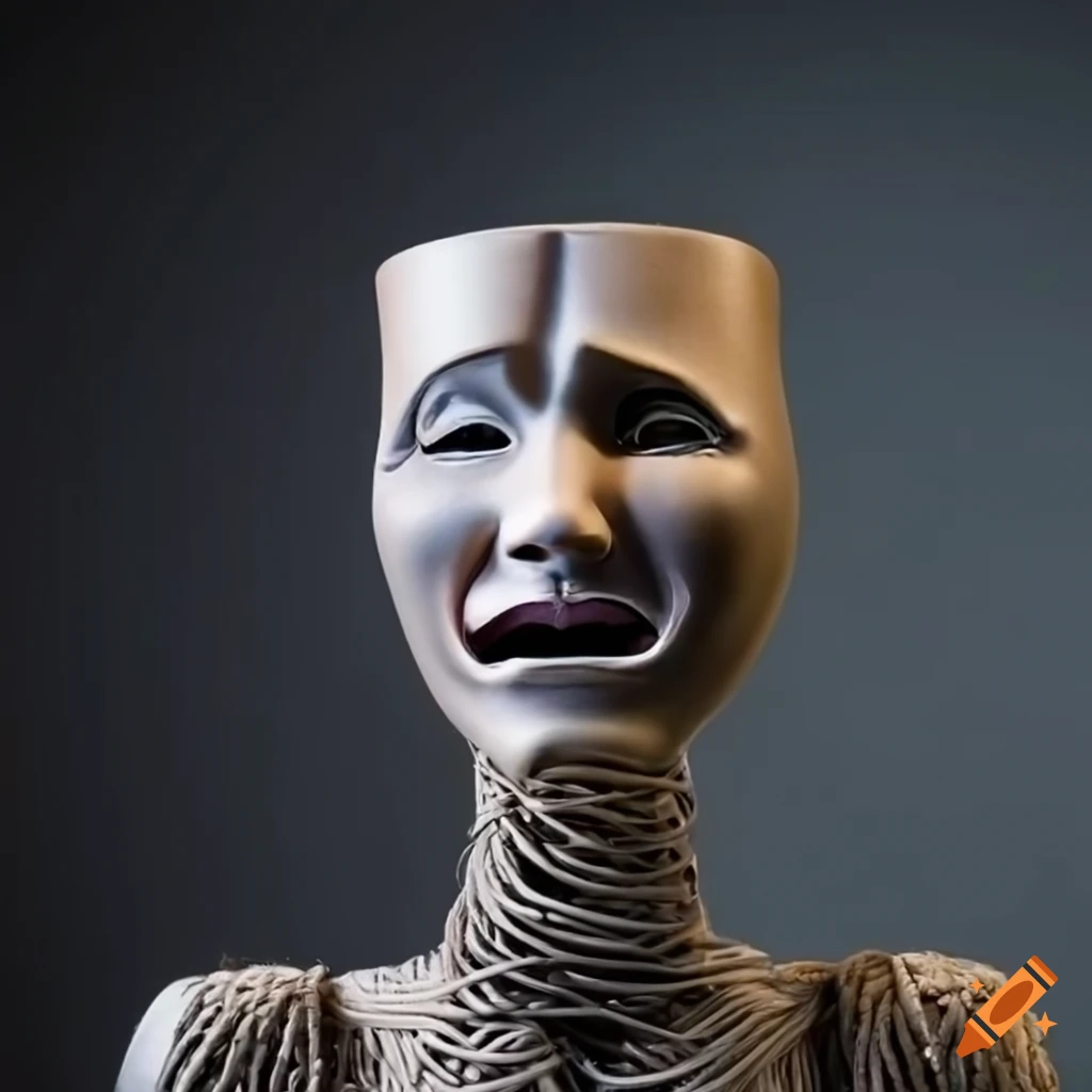 Sculpture of a wire figure wearing a theatre mask