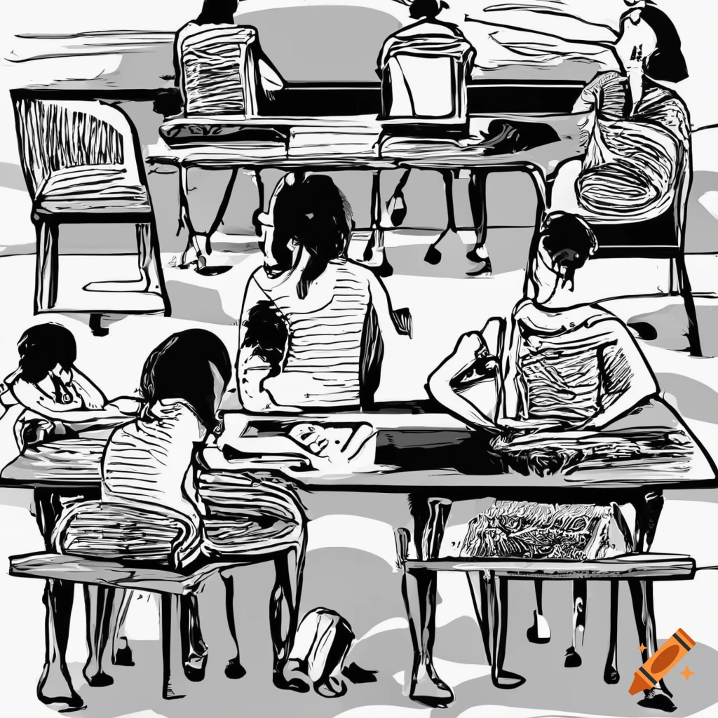 Vector illustration of students studying at desks on Craiyon