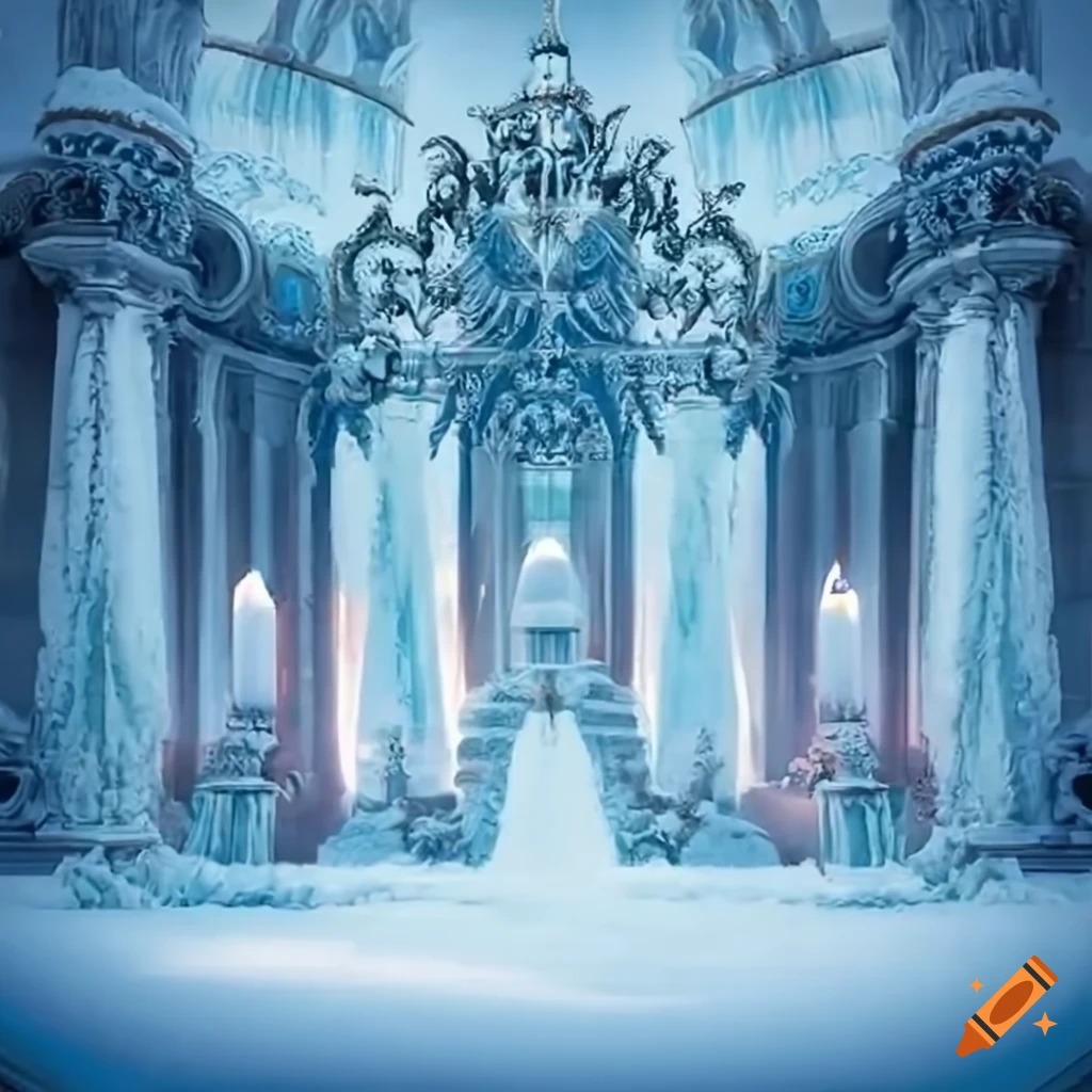 Snow palace throne room with burning candles and snow-covered columns ...