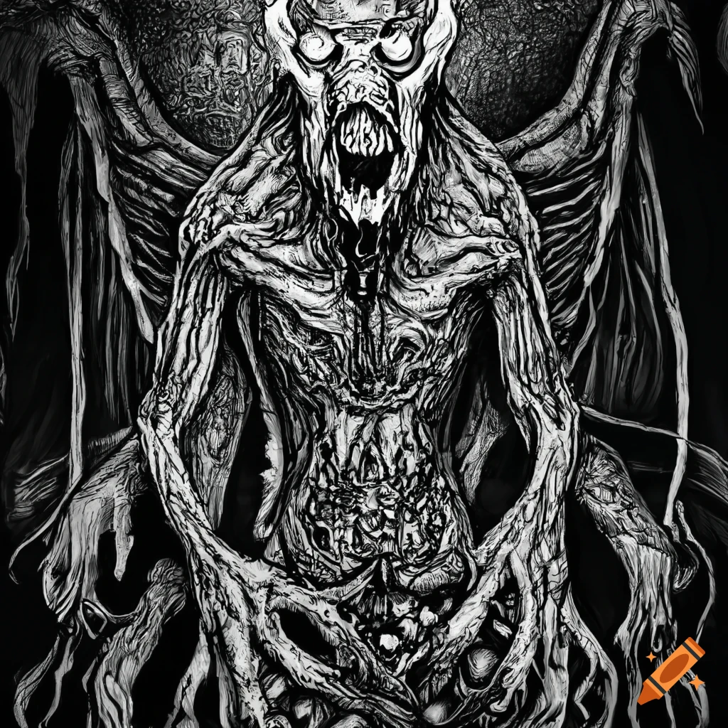 Line drawing of a creepy eldritch monster on Craiyon