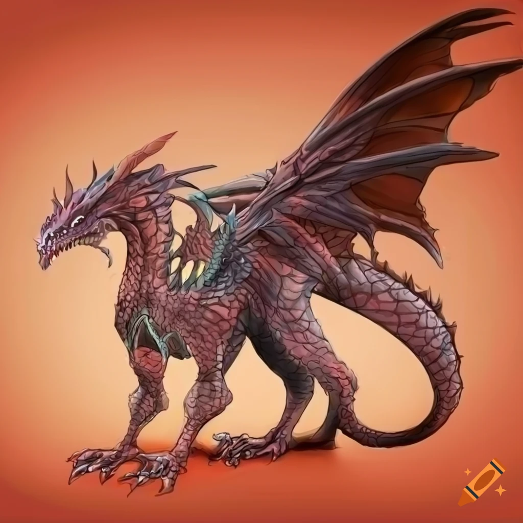 Side view illustration of a dragon with wings and four legs on Craiyon