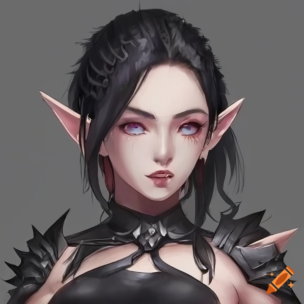 Portrait of a confident female elf with black hair on Craiyon