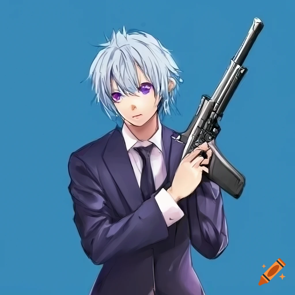 Anime character with silver blue hair and purple eyes holding guns on ...