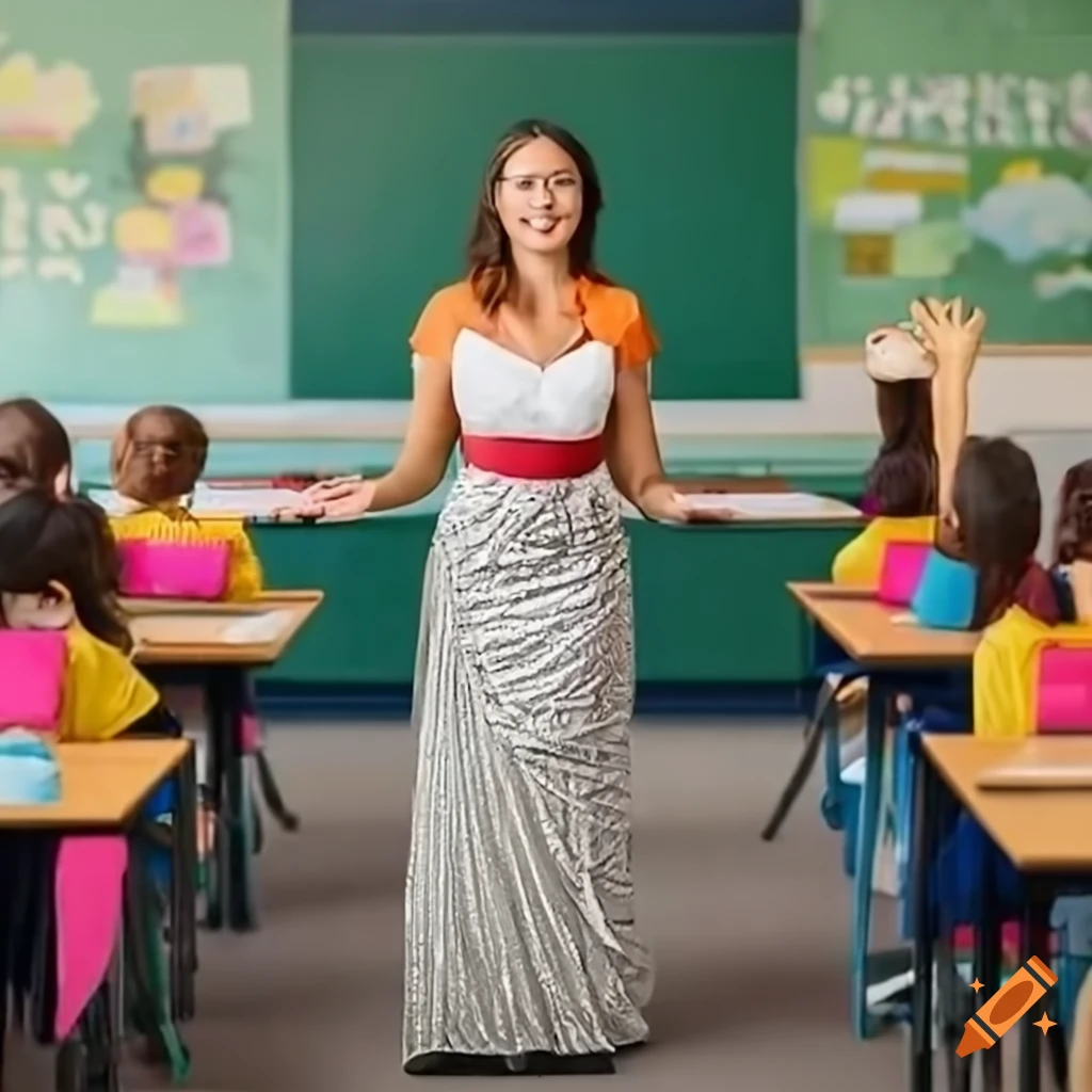 Teacher in a stylish pencil skirt teaching in a history classroom on Craiyon