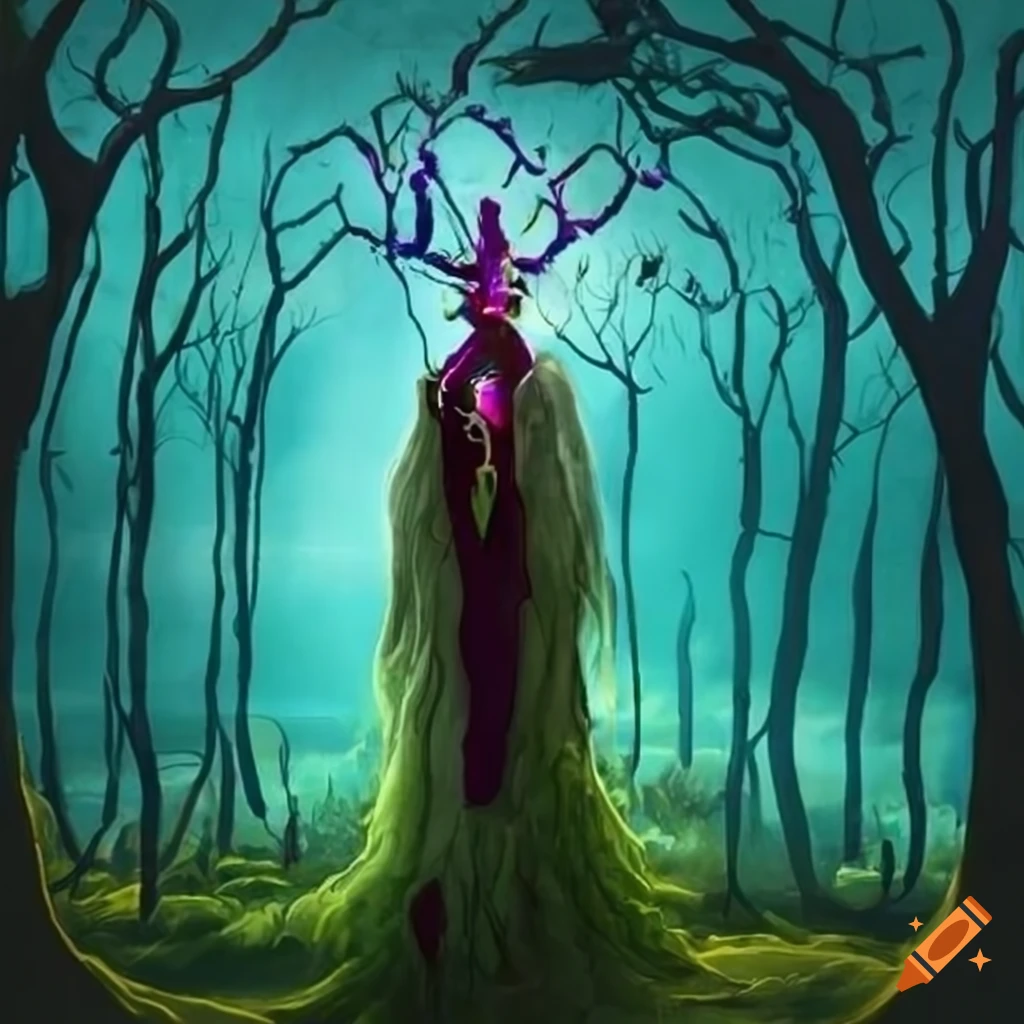 Surreal depiction of a magical forest with wizard-like figures and ...