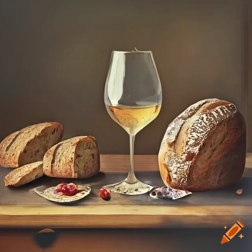 Still life painting with chessboard, bread, pipe, wine glass on Craiyon