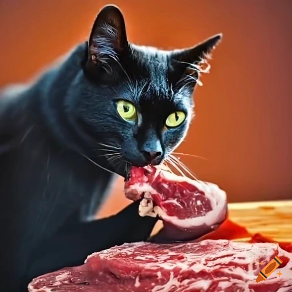 Black cat eating beef on Craiyon