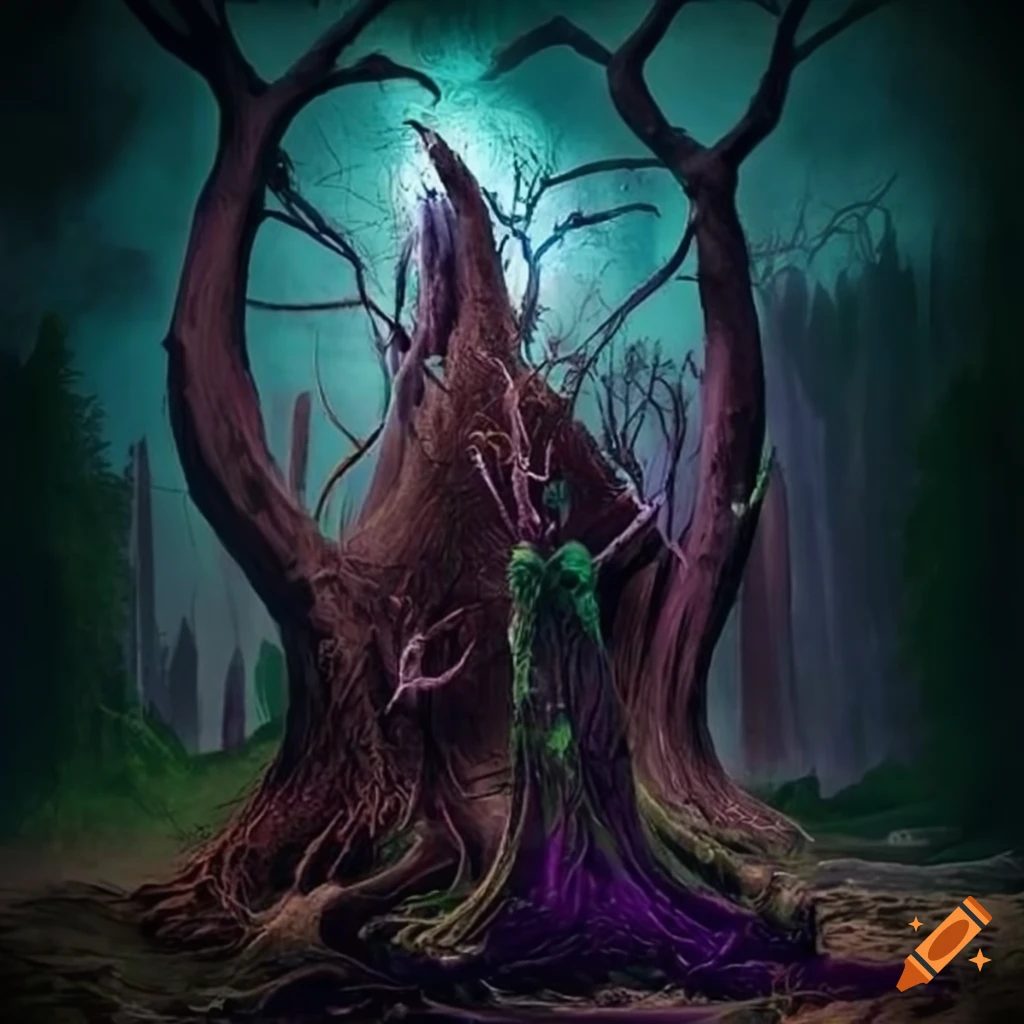 Surreal depiction of a magical forest with wizard heroes on Craiyon