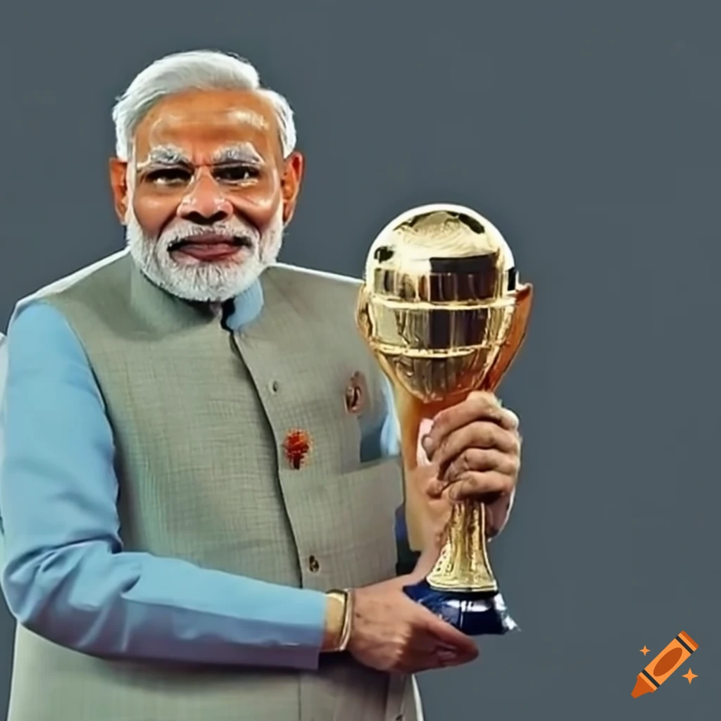 Narendra Modi holding the ODI cricket world cup on Craiyon
