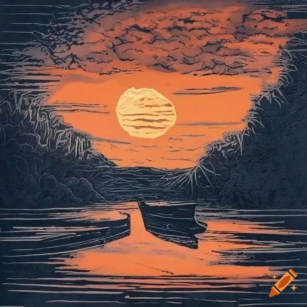 Linocut art of stormy sunset with lone boat on shore on Craiyon