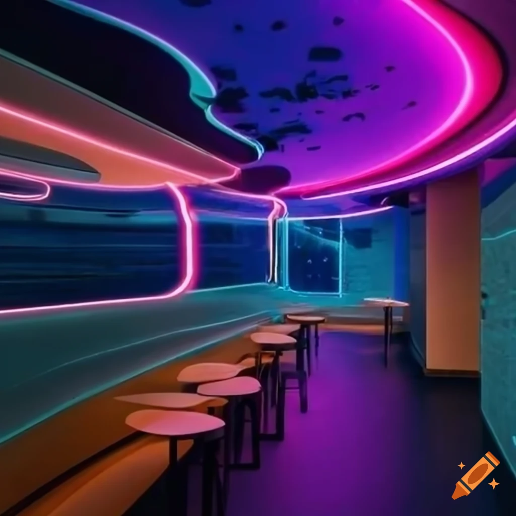 Cybercore-inspired cafe featuring Astros Navy color theme on Craiyon