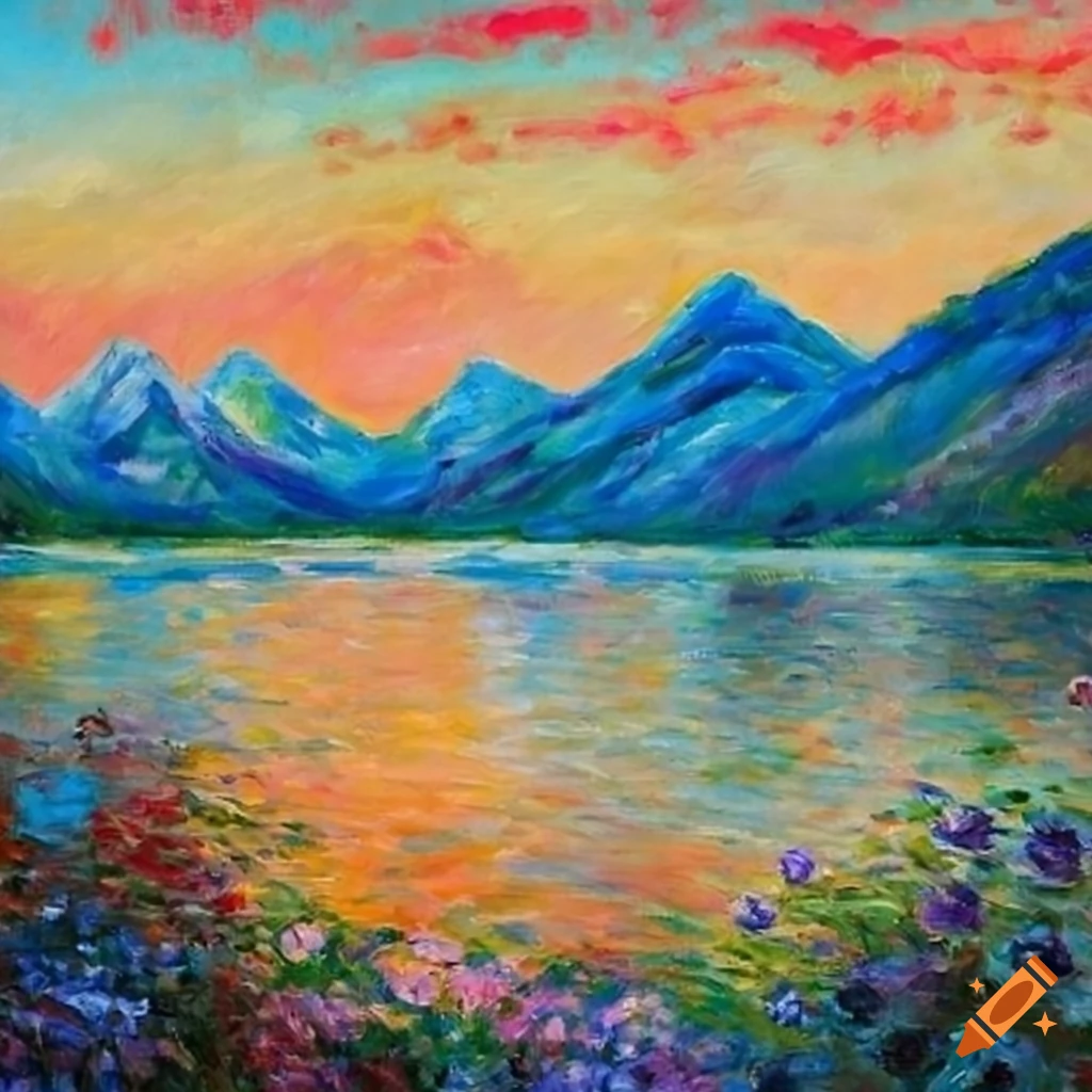 Monet-style landscape painting of mountains, flowers, and lake on Craiyon