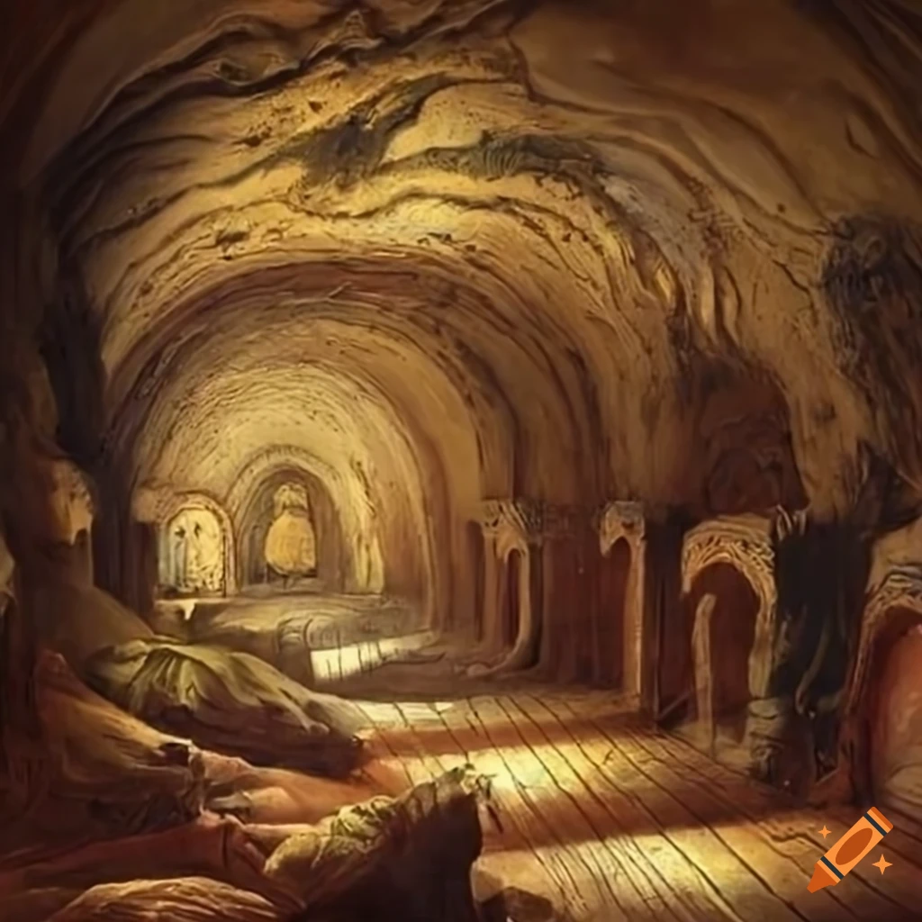 Painting of an ancient subterranean vault with thousands of teeth on ...