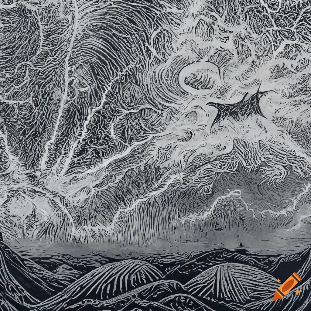 Detailed linocut illustration of storm clouds and lightning over surreal landscape on Craiyon