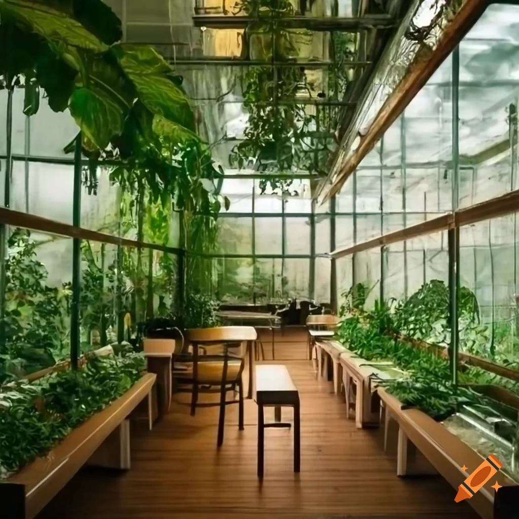 Modern and tropical cafe inside a greenhouse on Craiyon