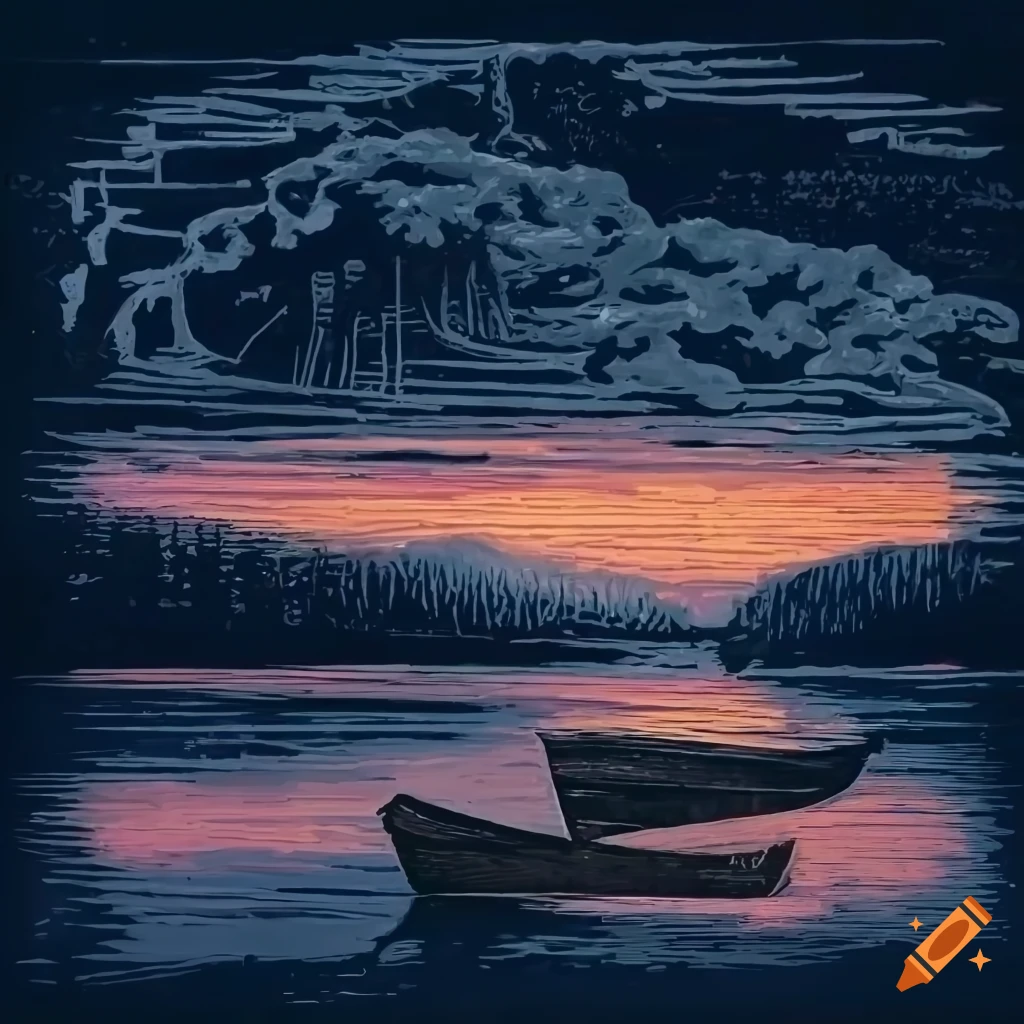 Linocut art of stormy sunset with lone boat on shore on Craiyon