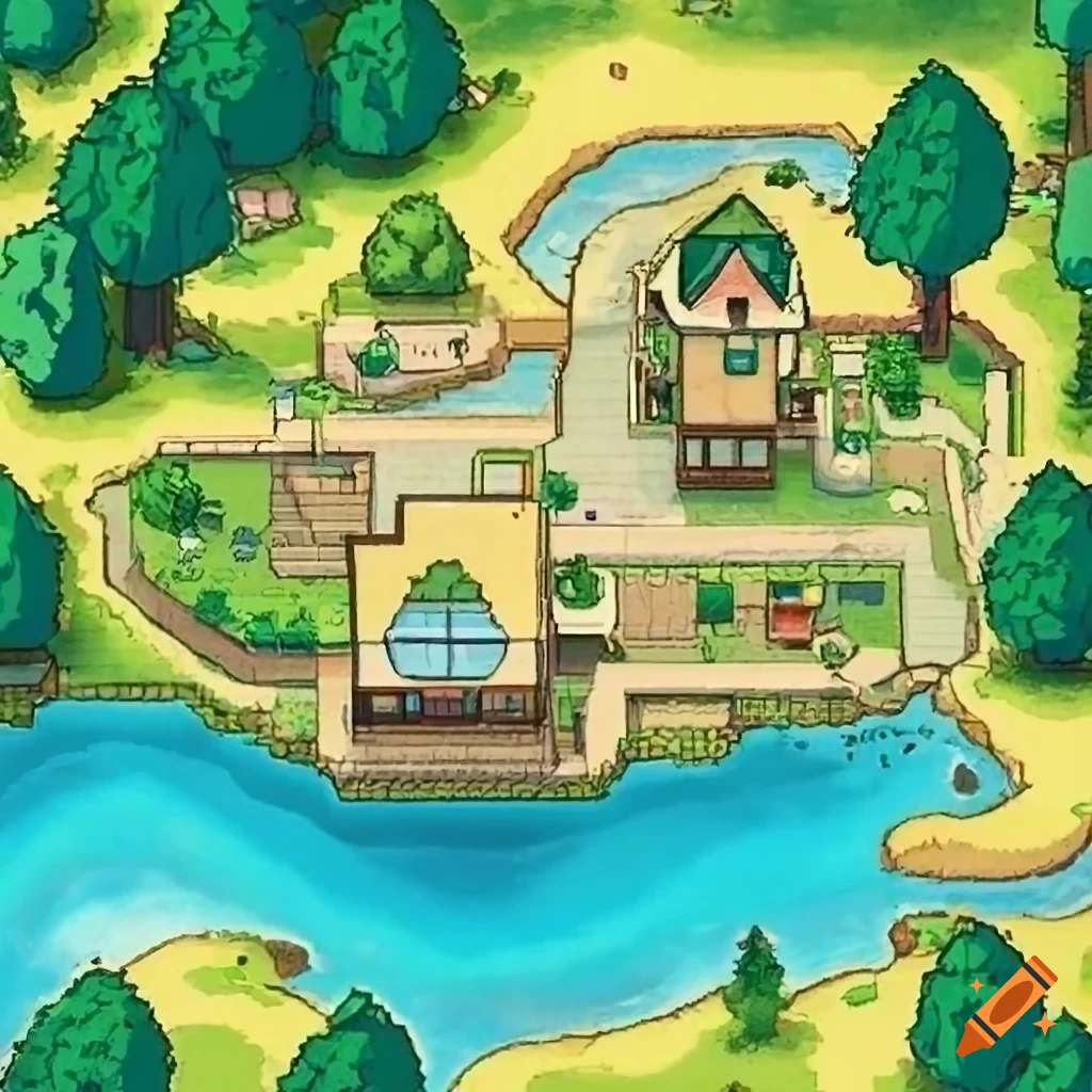 Stylized town map with houses, temples, and pathways on Craiyon