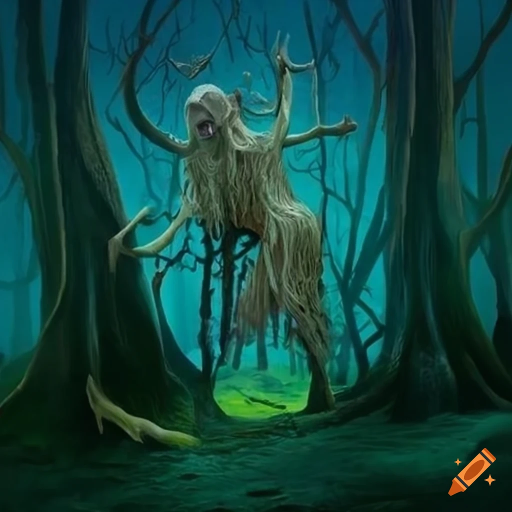 Surreal image of a magical forest with human-like trees on Craiyon