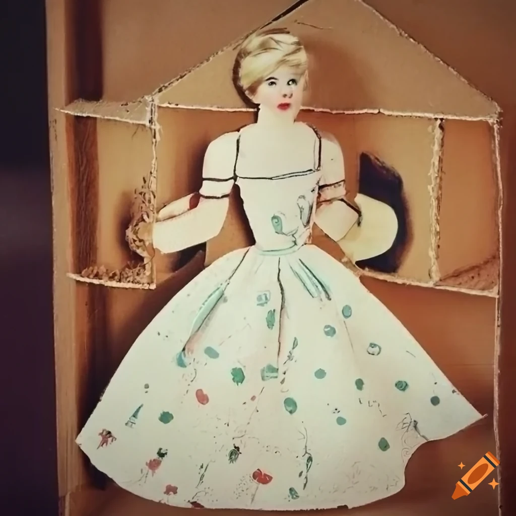 Vintage paper doll in cardboard craft house