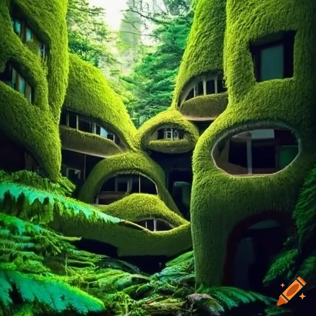 Moss-covered tree-buildings in a fern forest on Craiyon