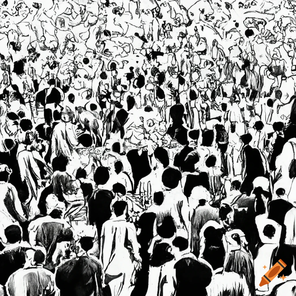 Black and white ink drawing of a crowd on Craiyon