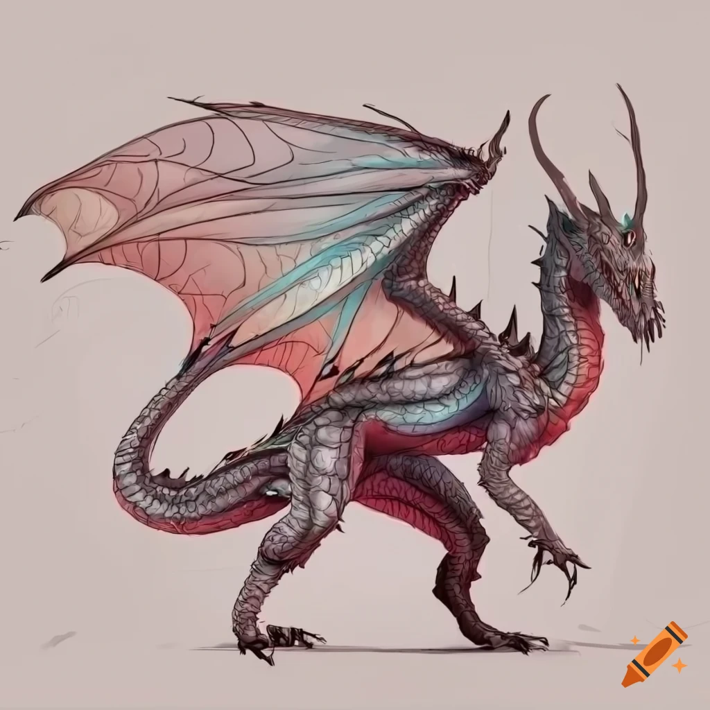 Detailed side view of a dragon with wings and four legs on Craiyon