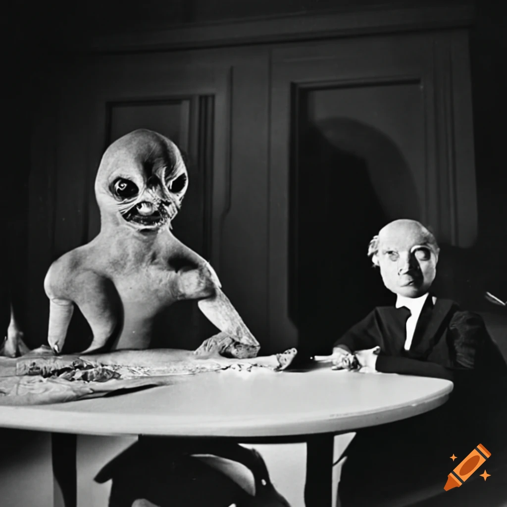Black and white image of alien creatures standing at a roundtable on ...