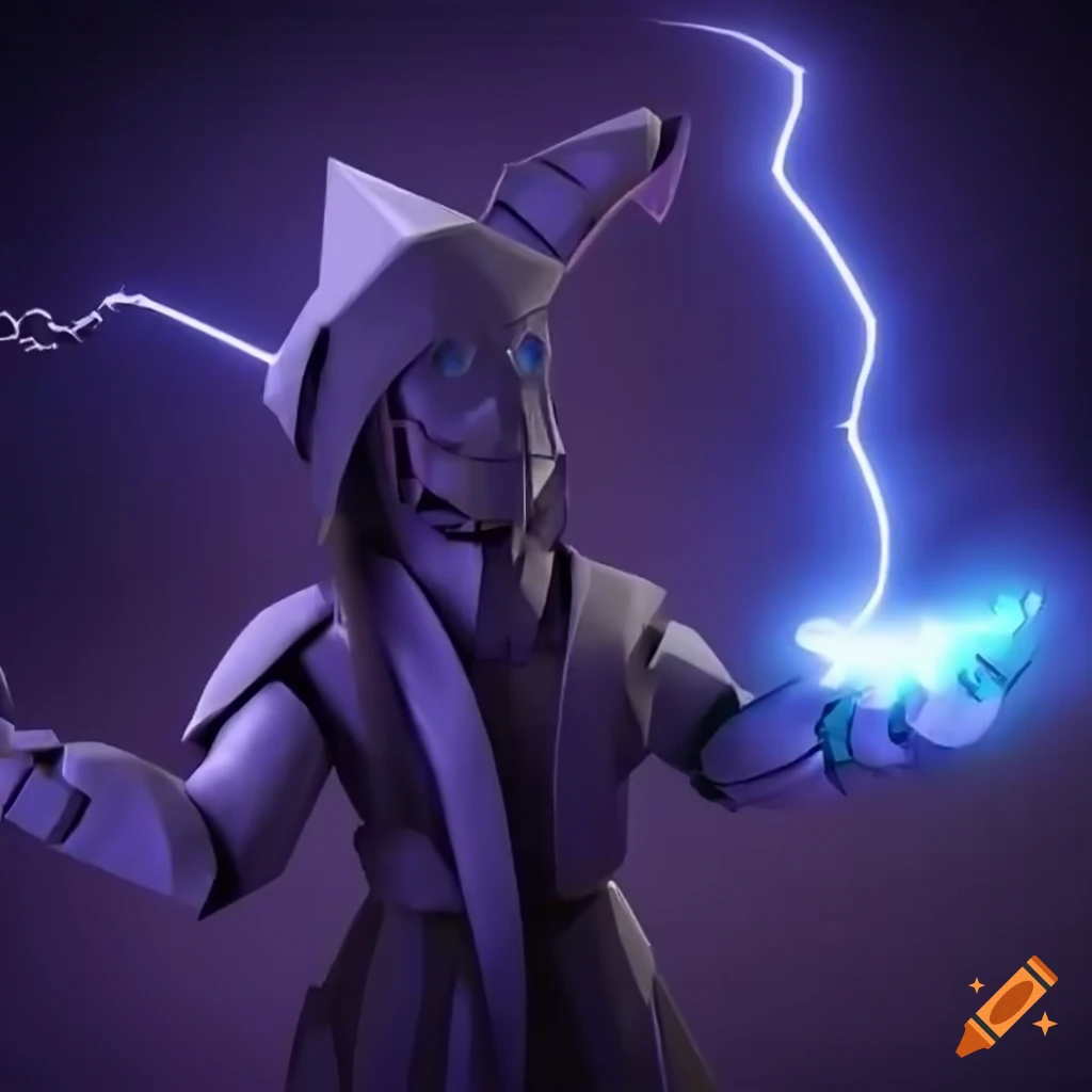 3d render of a robot wizard casting lightning spell