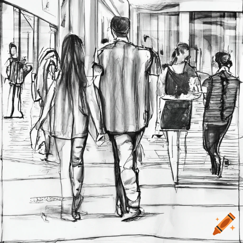 Sketch of a man observing a couple in a crowded mall on Craiyon