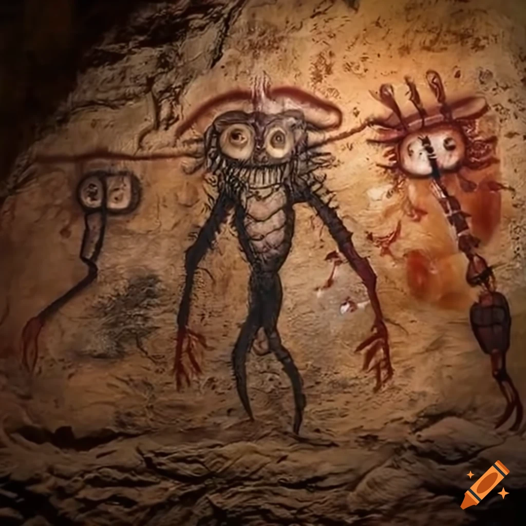 Cave painting of humanoids worshipping a centipede deity on Craiyon