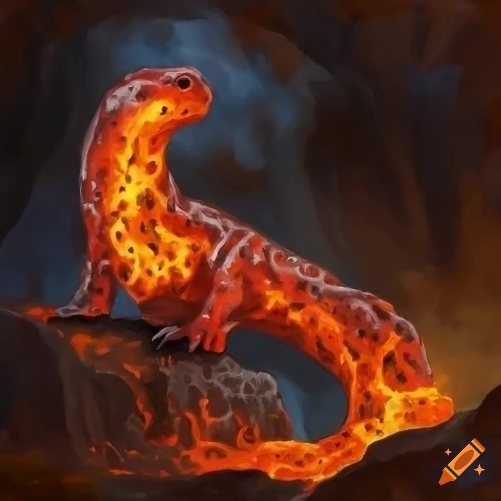 Oil painting of a lava salamander on a basalt cliff on Craiyon