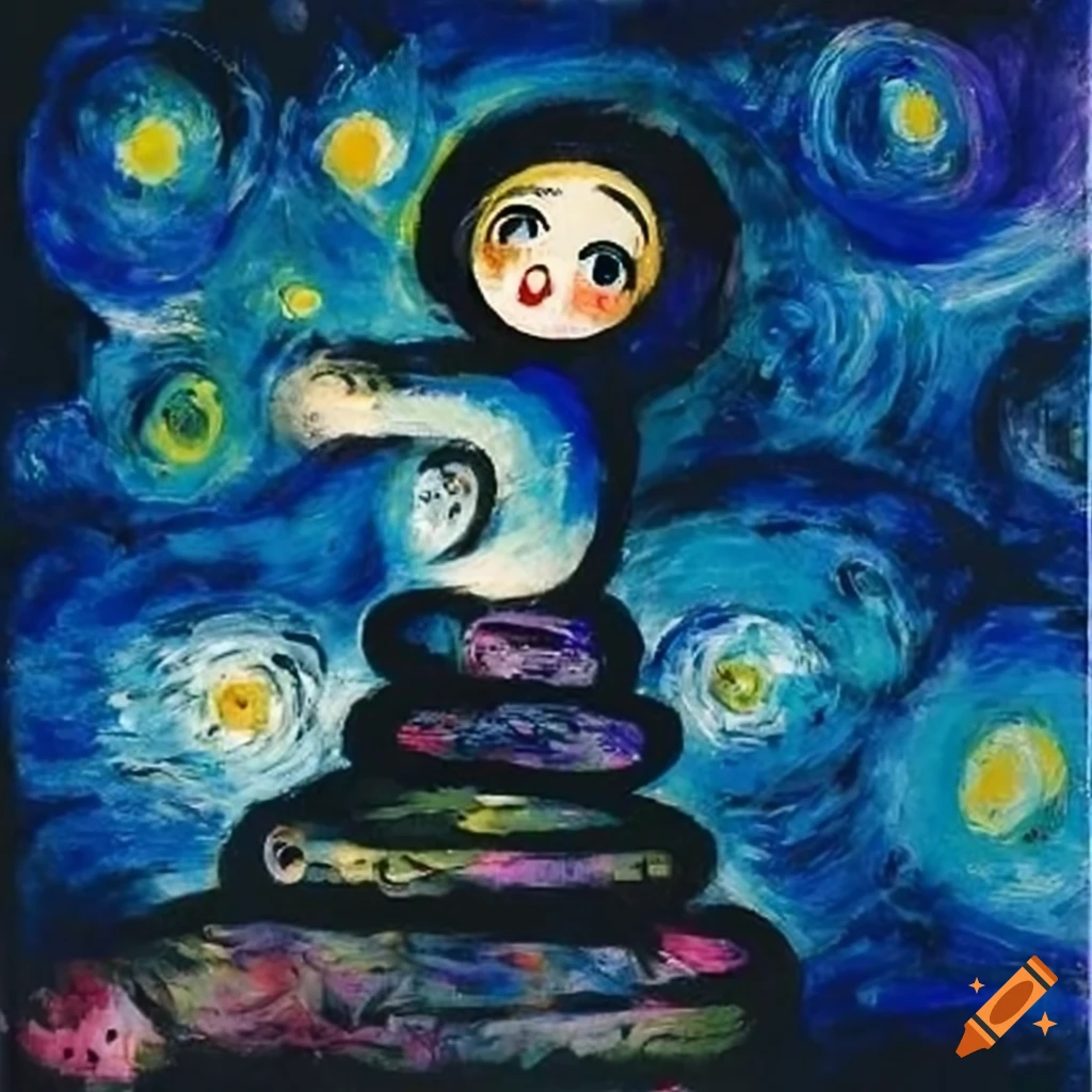 Surreal painting of peg doll under starry night by Marc Chagall on Craiyon