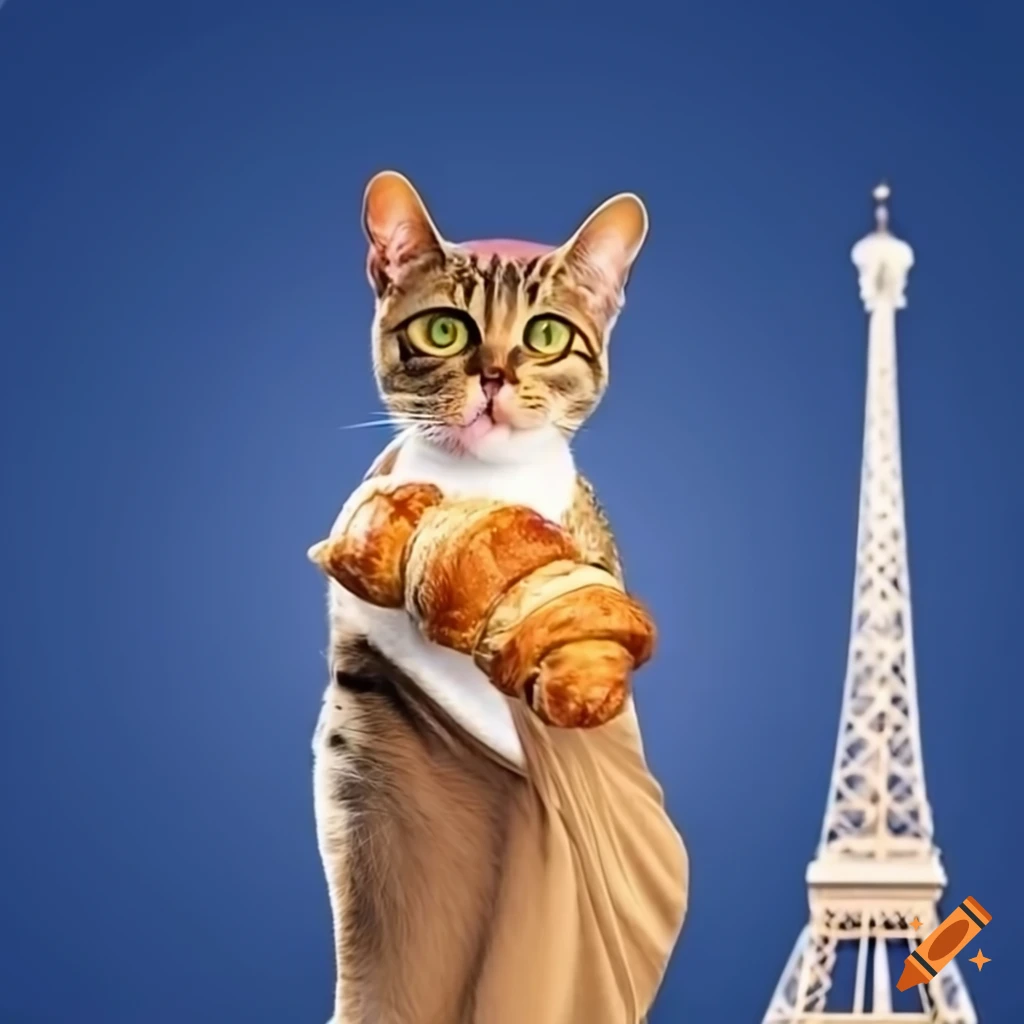 Cat eating croissant in Paris with Eiffel Tower in background on Craiyon