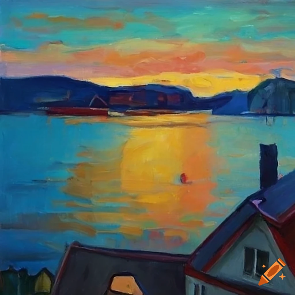 Colorful oil painting of rooftops in a coastal town on Craiyon