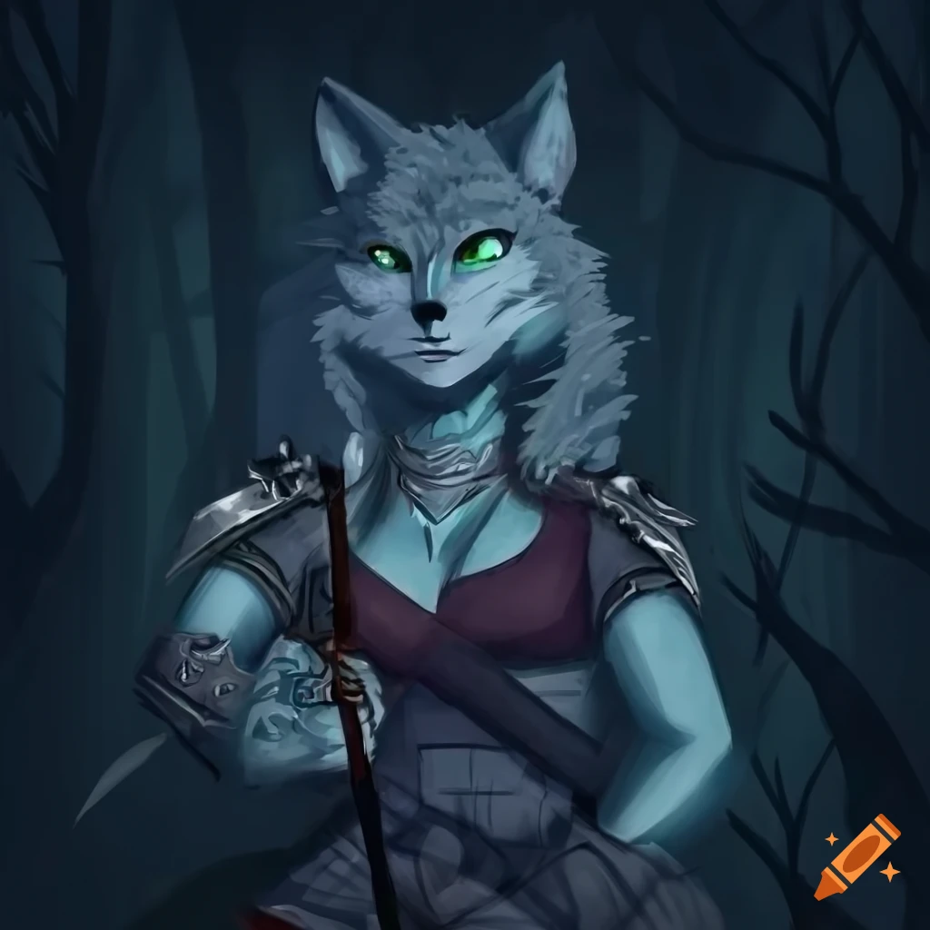 Illustration of a female wolf in vistani garb in a dark forest on Craiyon