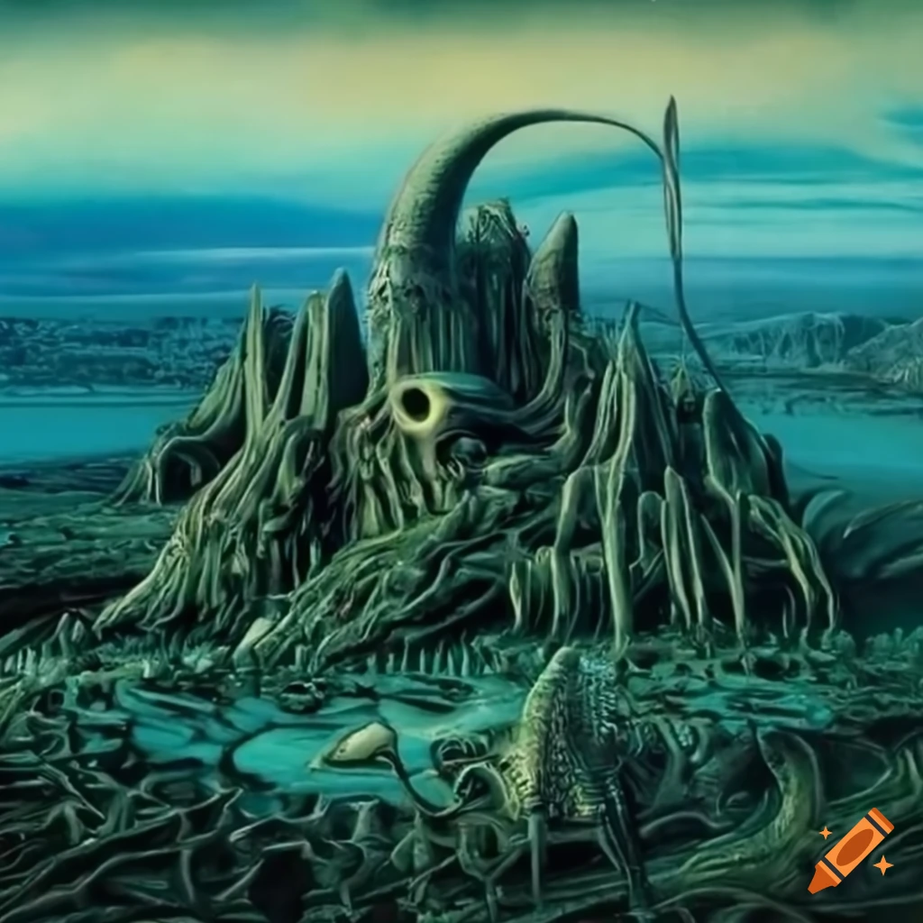 Surreal landscape inspired by roger dean and giger on Craiyon