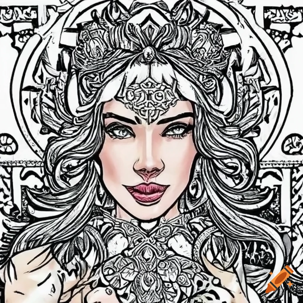 Coloring book page of a beautiful female character on Craiyon