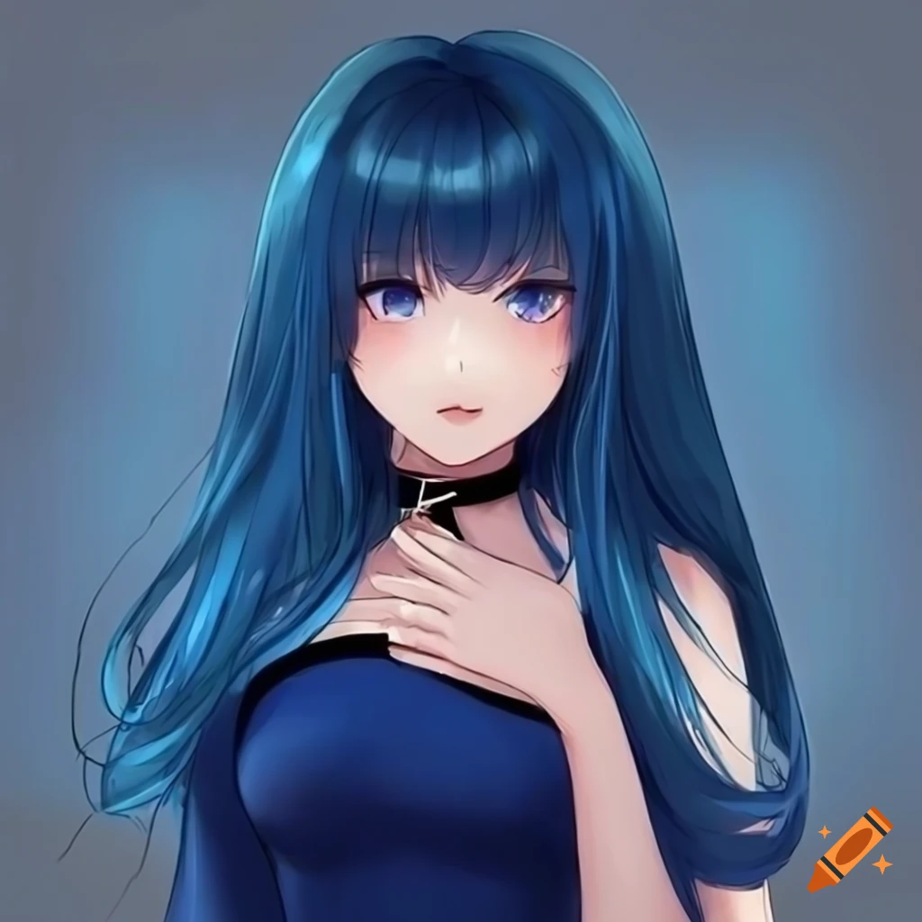Anime girl with dark blue hair in a tight blue dress on Craiyon