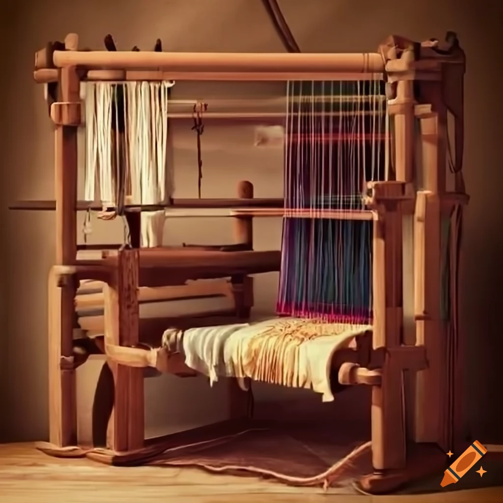 Ancient loom room with clothes in the background on Craiyon