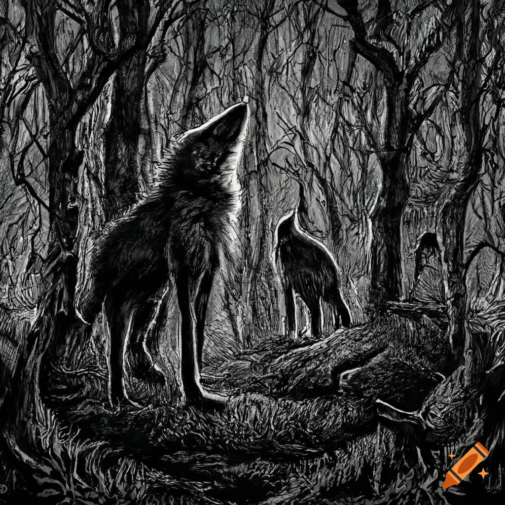 Pen and ink drawing of wolves in a dark forest on Craiyon