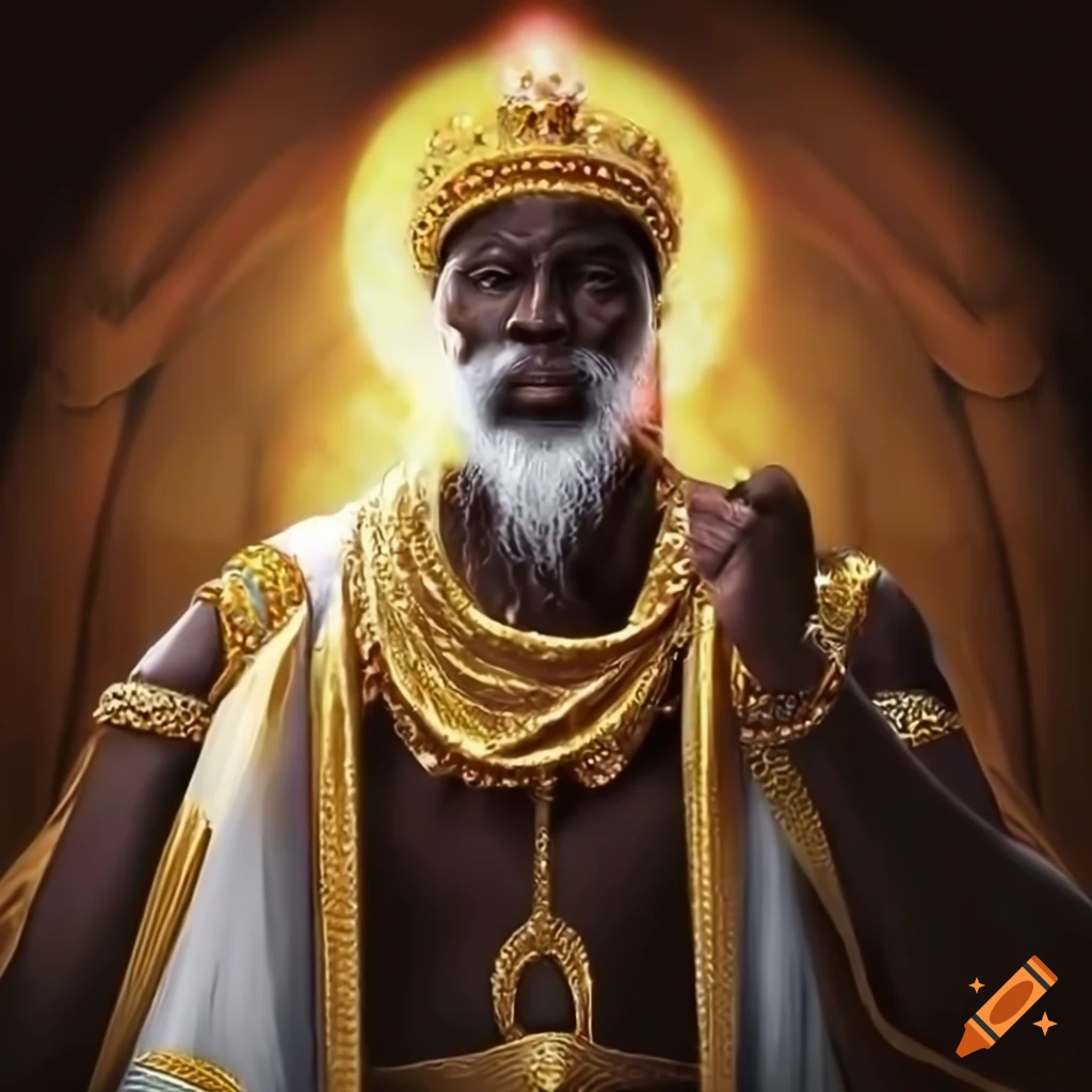 Artistic representation of an african god in golden robes on Craiyon