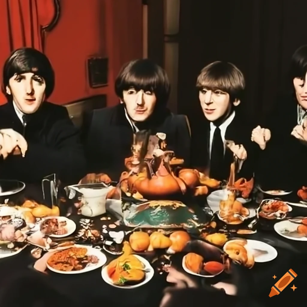 The Beatles gathered around a Thanksgiving table on Craiyon
