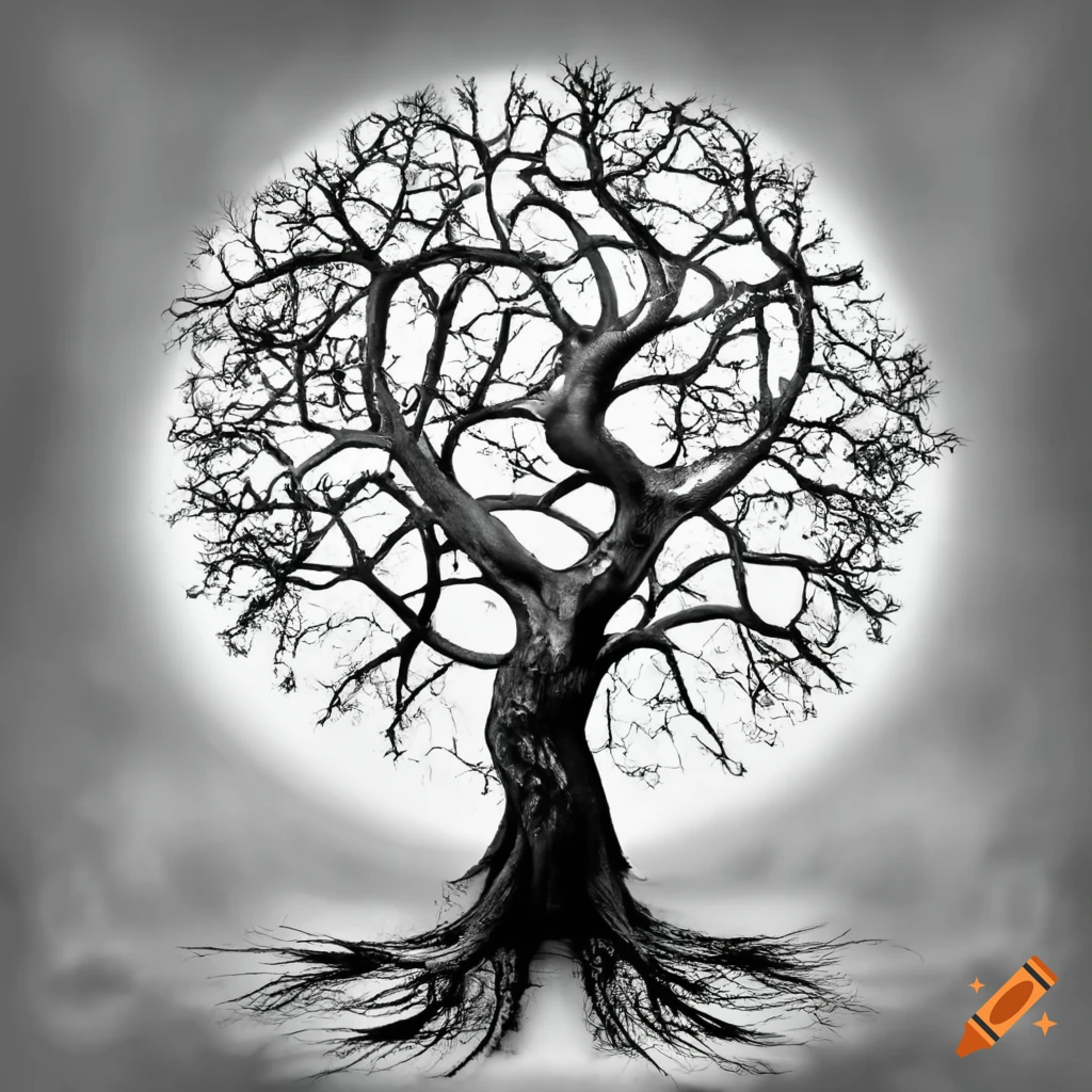 Black and white tree of life in a circular pattern on Craiyon